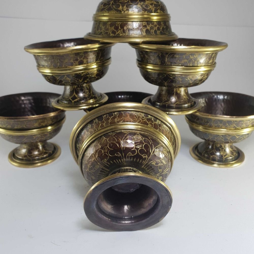 Large Copper Offering Bowl With Stand And Hand Carving 7 Pcs Set ...