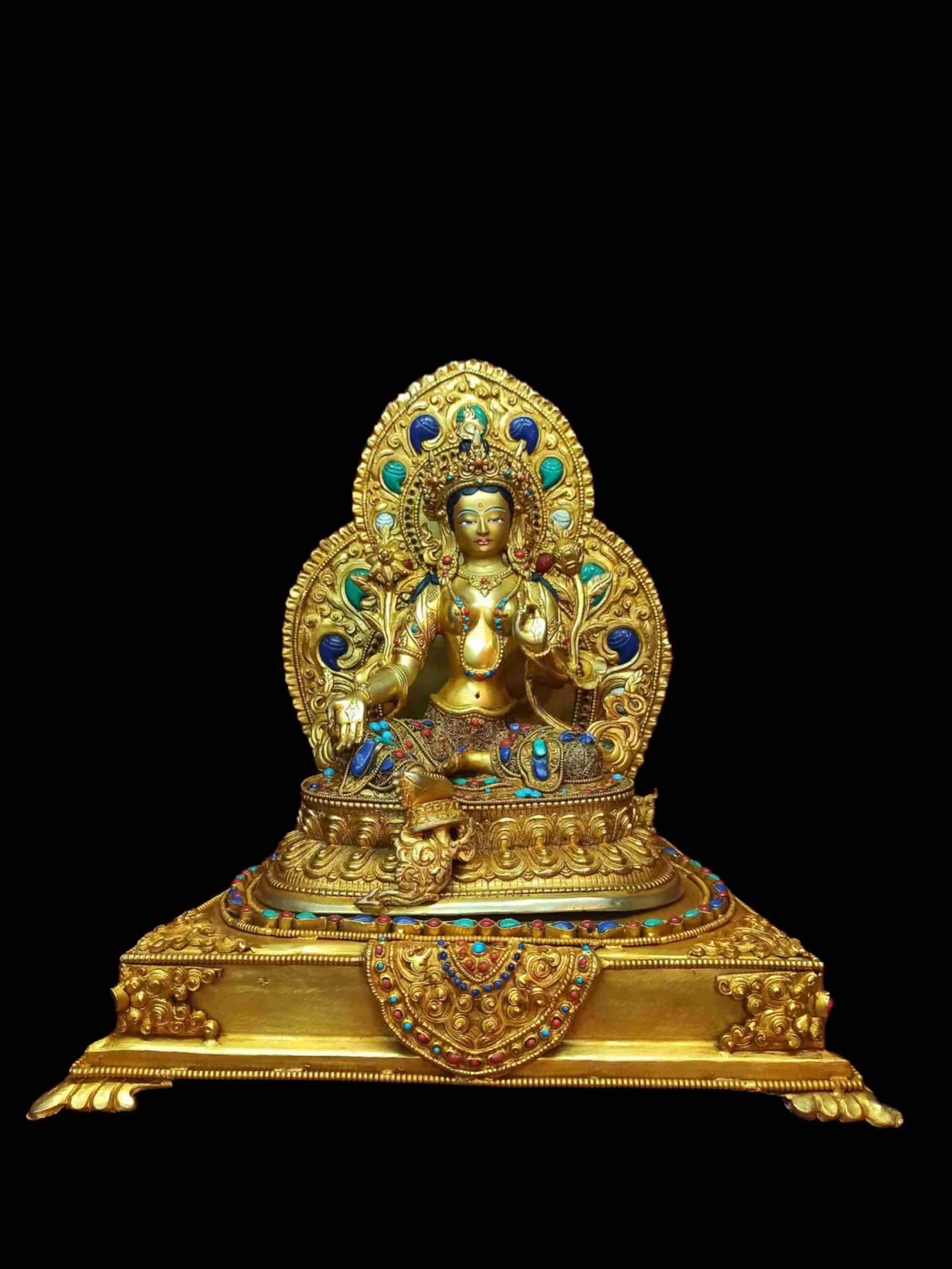 Buddhist Handmade Statue Of Green Tara Sitting On A Throne – Full Gold ...
