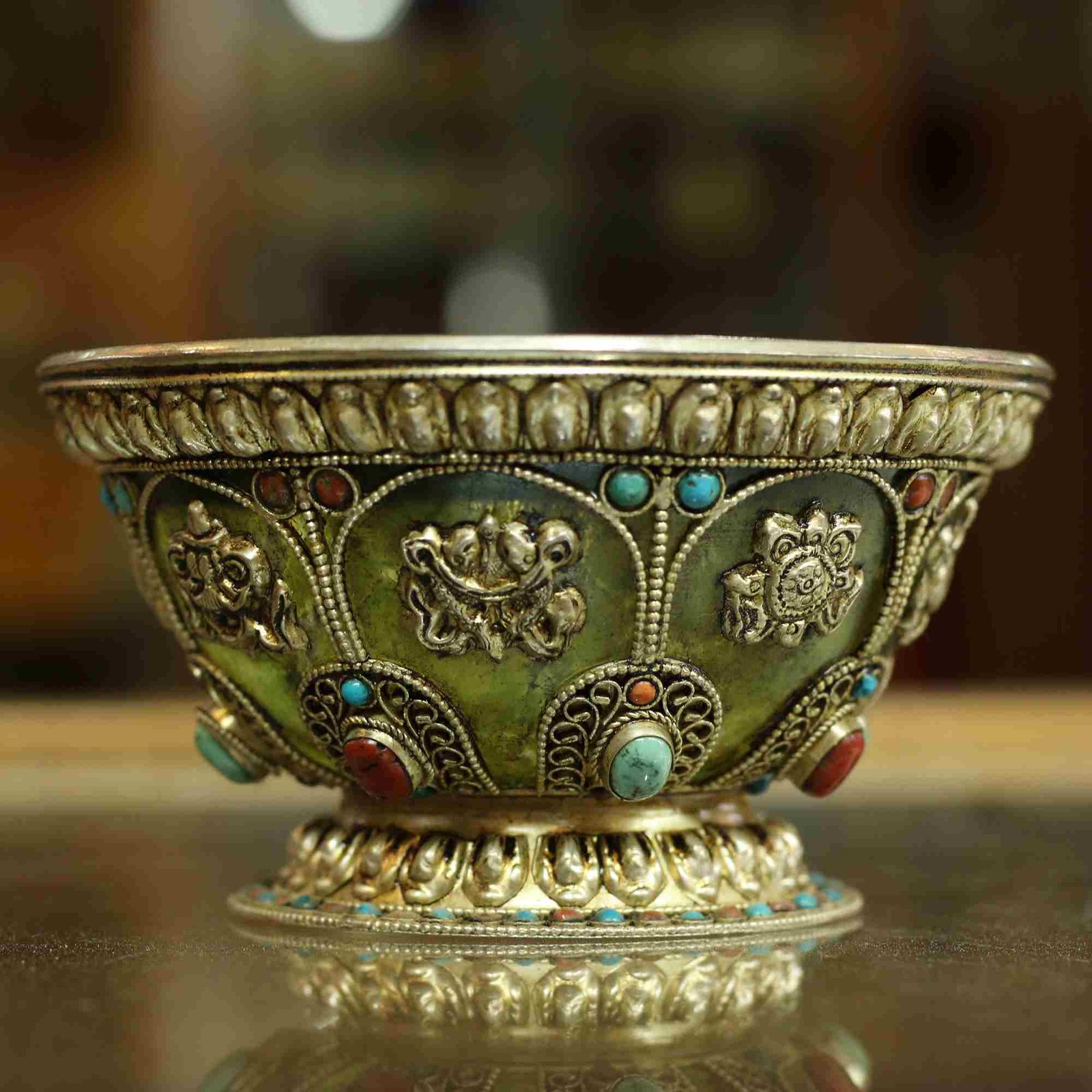 Silver Jade Offering Bowl With ashtamangala | Price: US$500 | Ritual ...