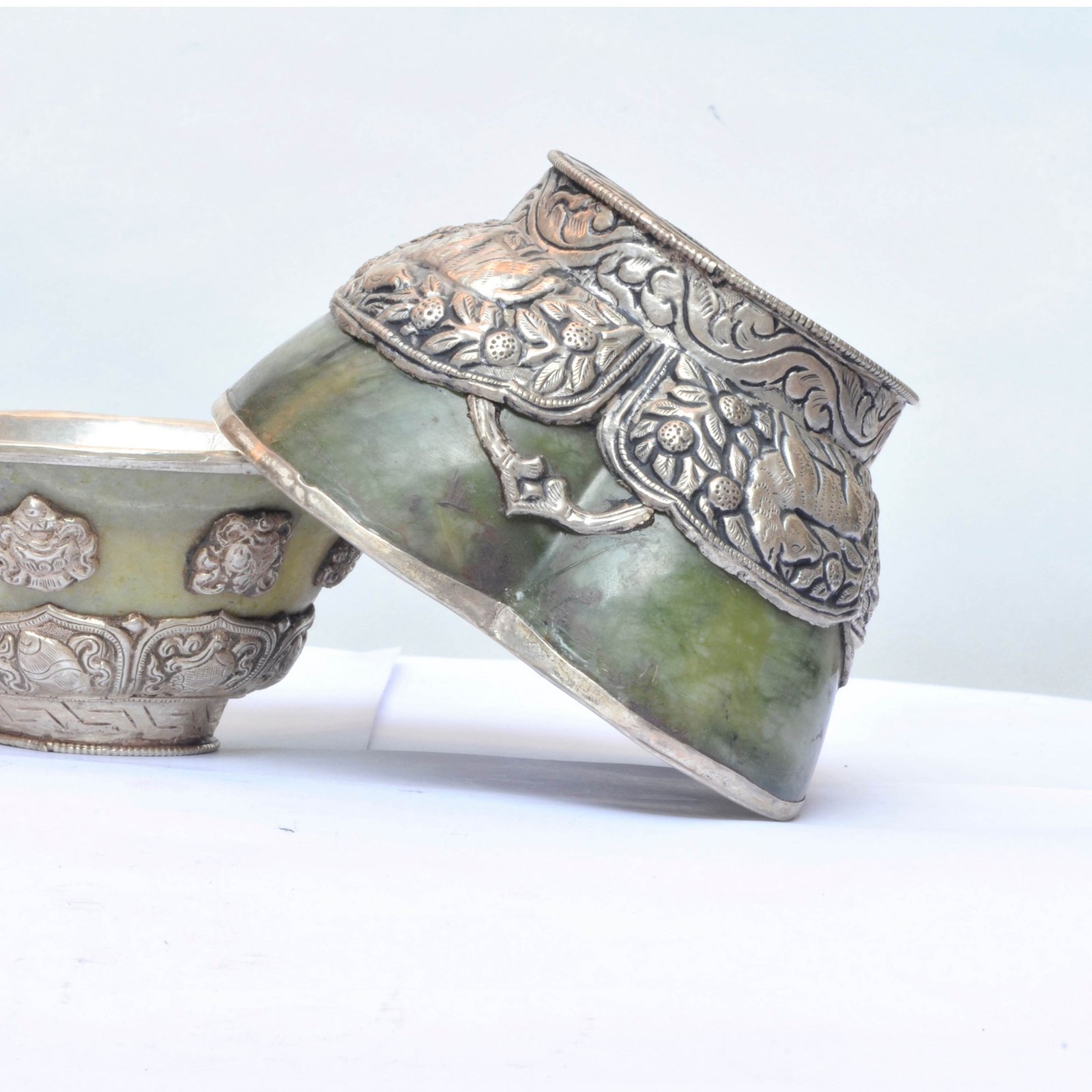 Silver Cup With Emitted Amber Offering Bowl With Lotus Design And Jade ...