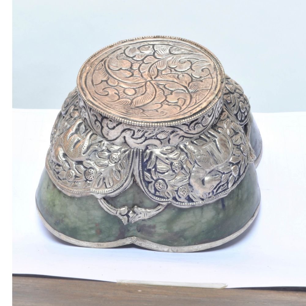 Silver Cup With Emitted Amber Offering Bowl With Lotus Design And Jade ...