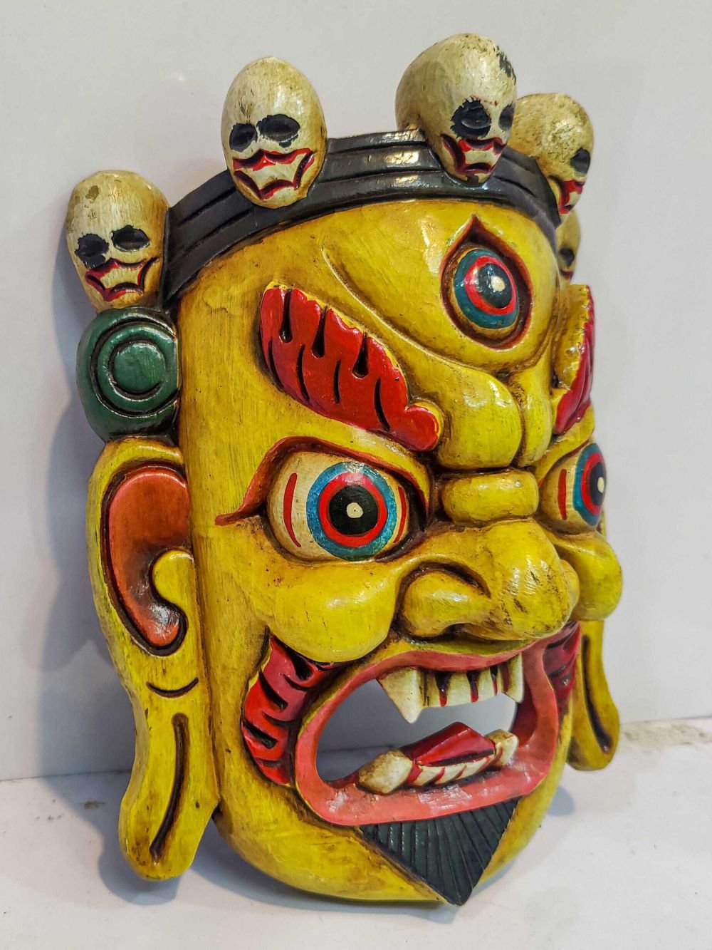 Bhairav, Handmade Wooden Mask, Wall hanging, Painted Yellow, Poplar ...